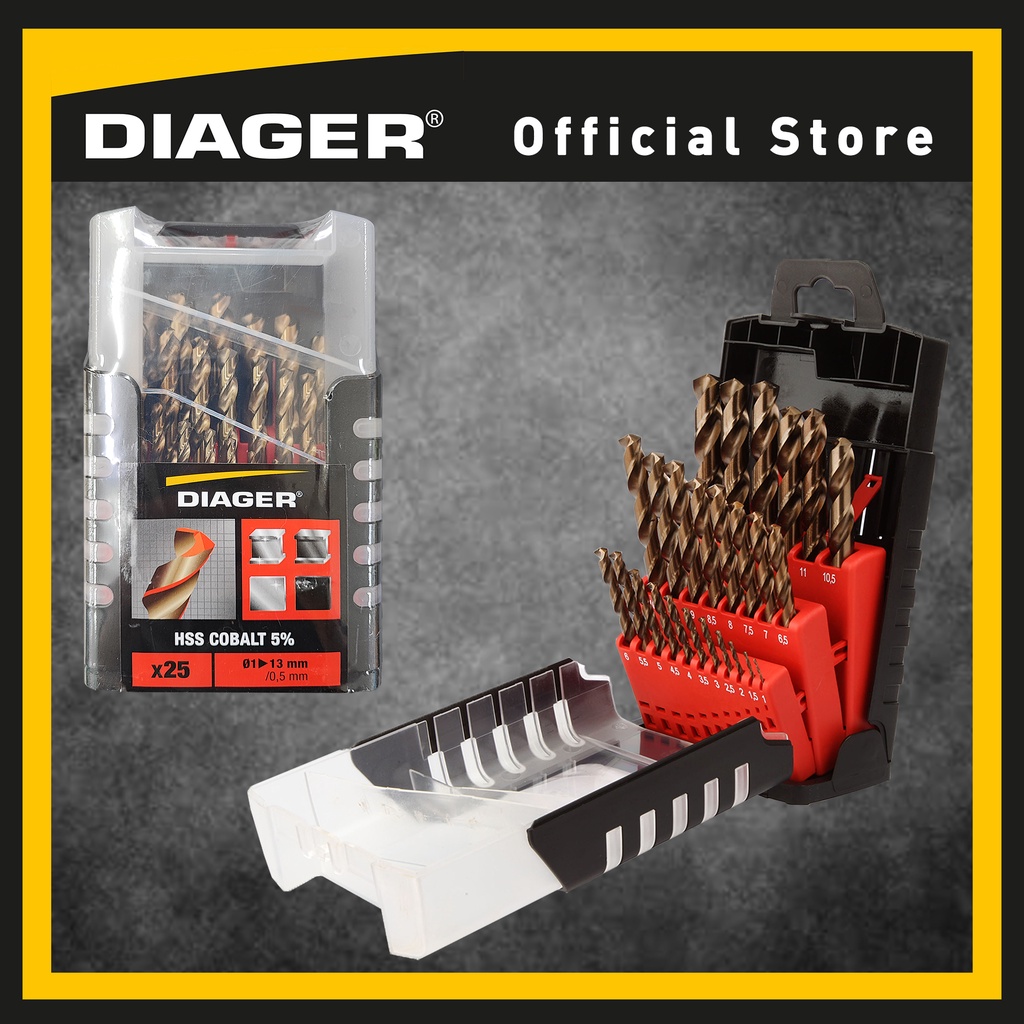 Diager Set 25PCS HSS 5% Cobalt 707D Drill Bit 135° Split Point Sizes Ø1 ...