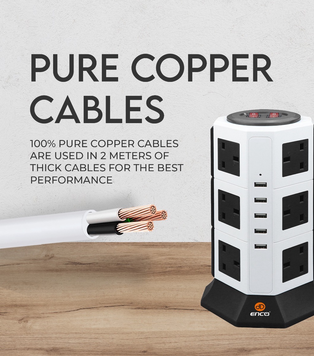 ENCO Extension Plug Tower Sockets With Surge Protector 12 Sockets 5 USB ...