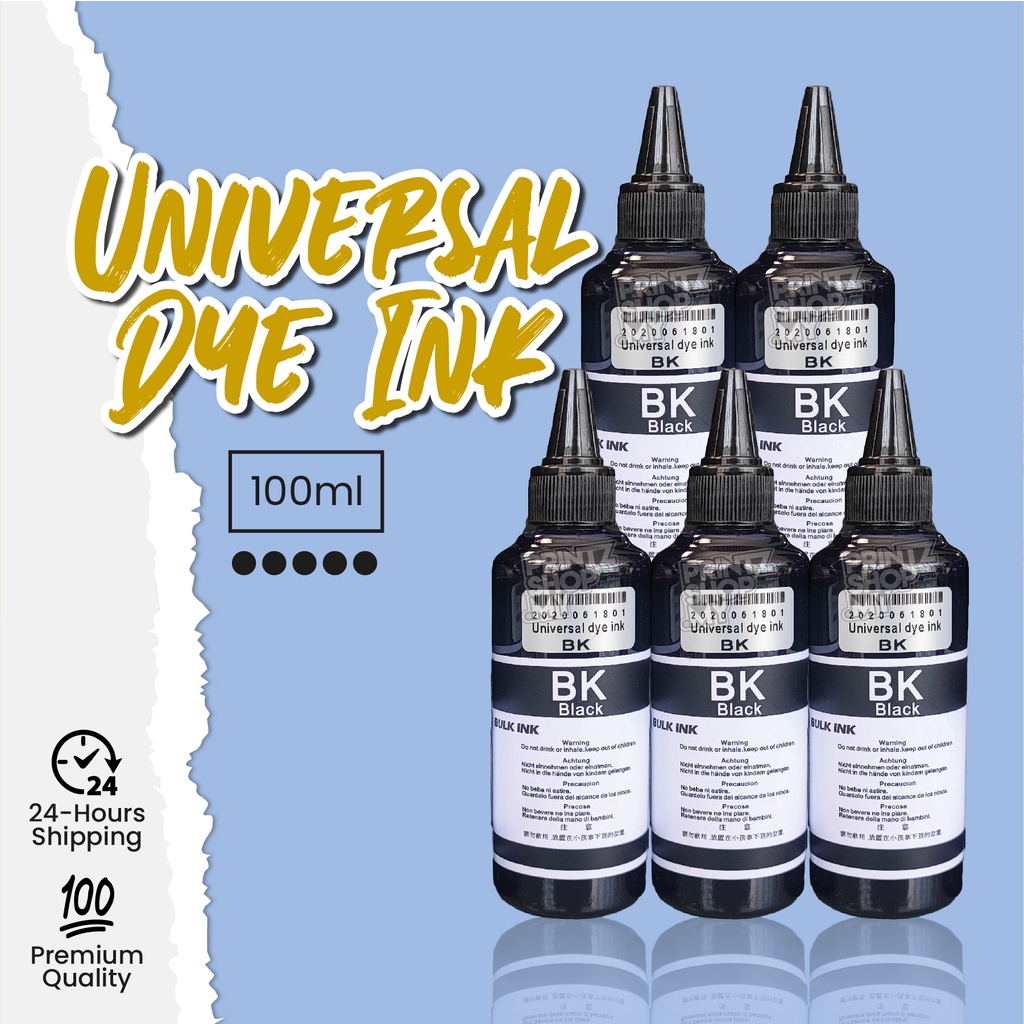 5x BLACK UNIVERSAL Inkjet Printer Refill Dye Ink 100ml Any CISS System ...