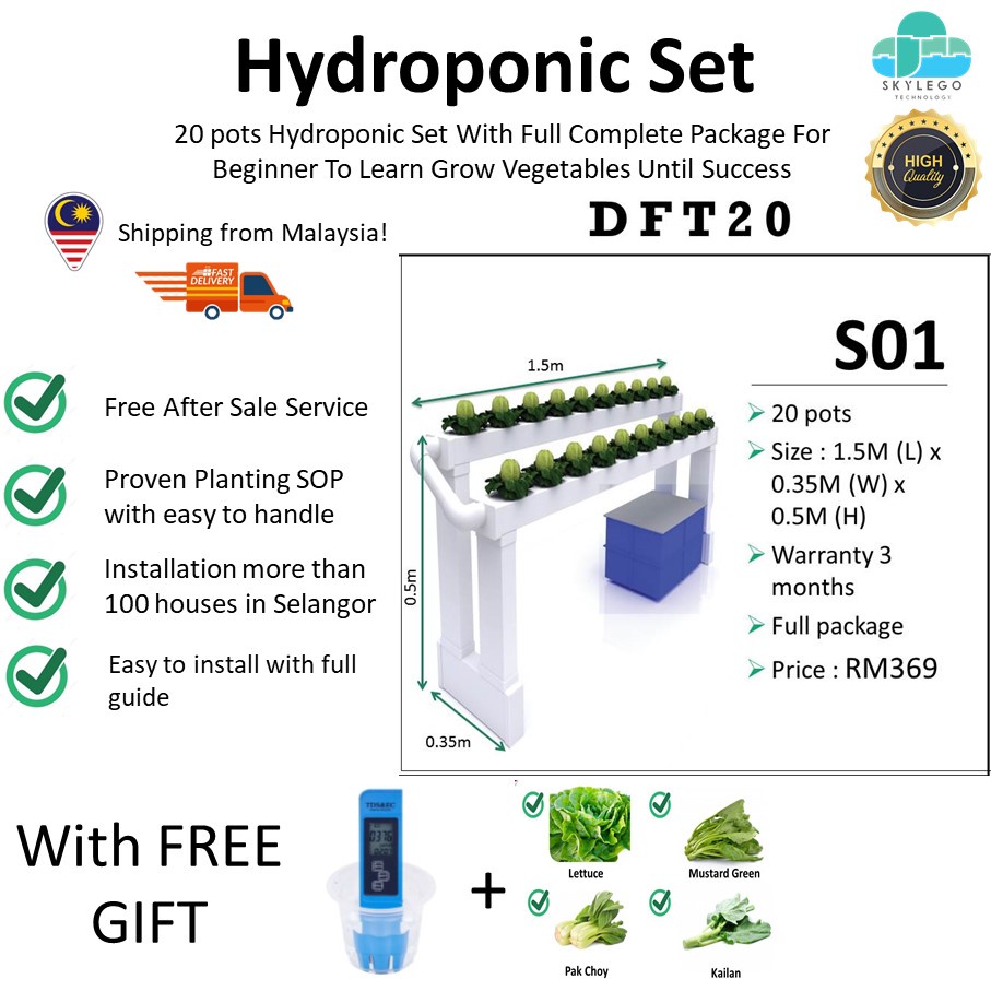 Home Hidroponik set 20 pasu/ Hydroponic set (DFT 20 pots) with pump and ...