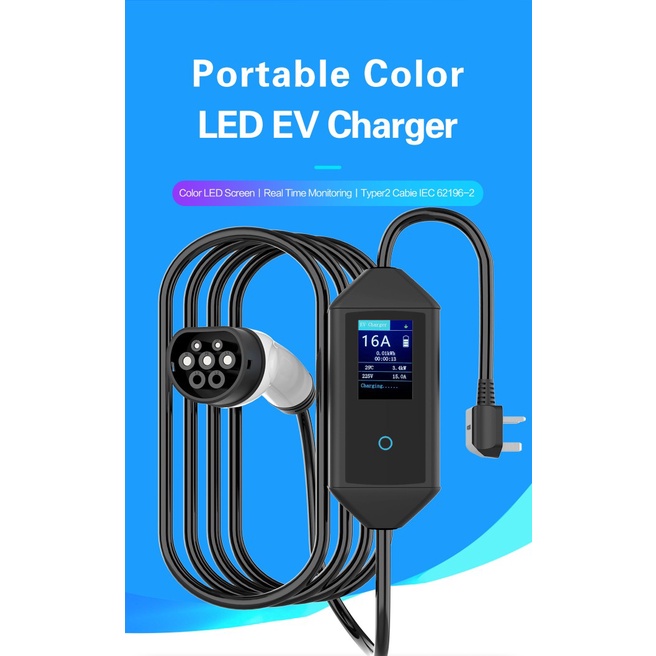 EV PHEV Car Charger Type 2 Portable Charger Color LED Screen 16A 13A 10A 8A 3 pin 5 Meter UK ...