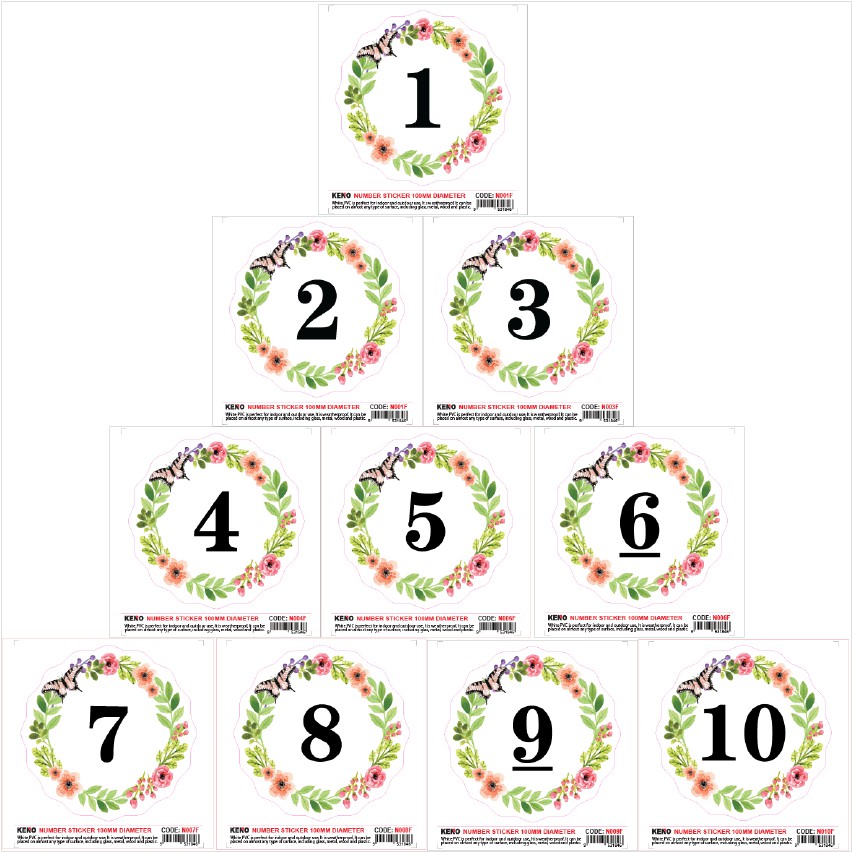 FANCY FLOWER NUMBER 1 TO 10 VINYL STICKER WITH MATTE LAMINATED 100MM ...