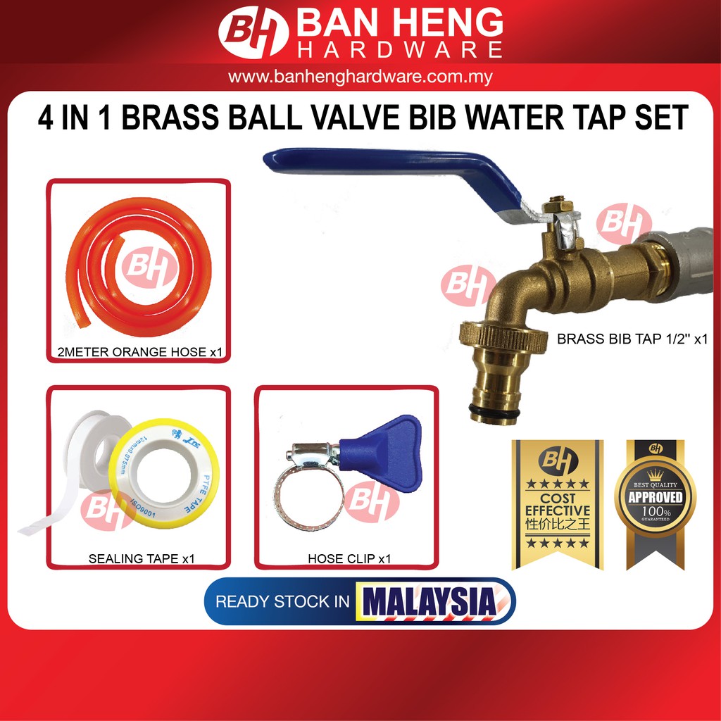 4 IN 1 Brass Ball Valve Bib Water Tap Set (BRASS BIB TAP 1/2'', 2METER ...
