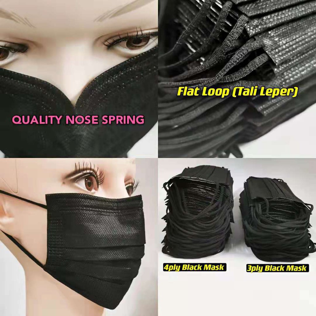 Tali Leper 3ply Earloop Full Black Face Mask 4ply Mask Hitam Full Black ...