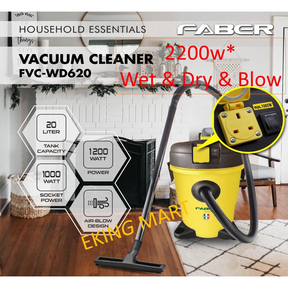 Faber Powerful 2200w* Wet & Dry Heavy Duty 1200W Vacuum Cleaner FVC-WD 620 (Extra Socket 1000w ...
