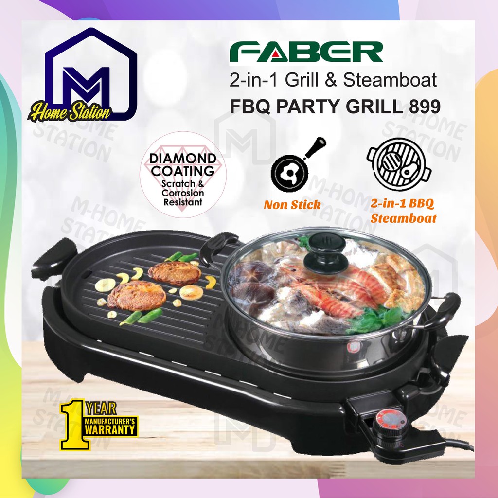 Faber 2 in 1 Non Stick Electric BBQ Grill Pan & Steamboat FBQ PARTY ...