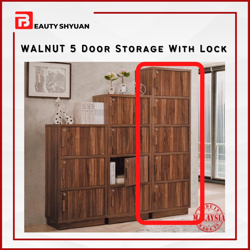 WALNUT 5 Door Cabinet Storage With Lock/ Locker/ Office Cupboard ...