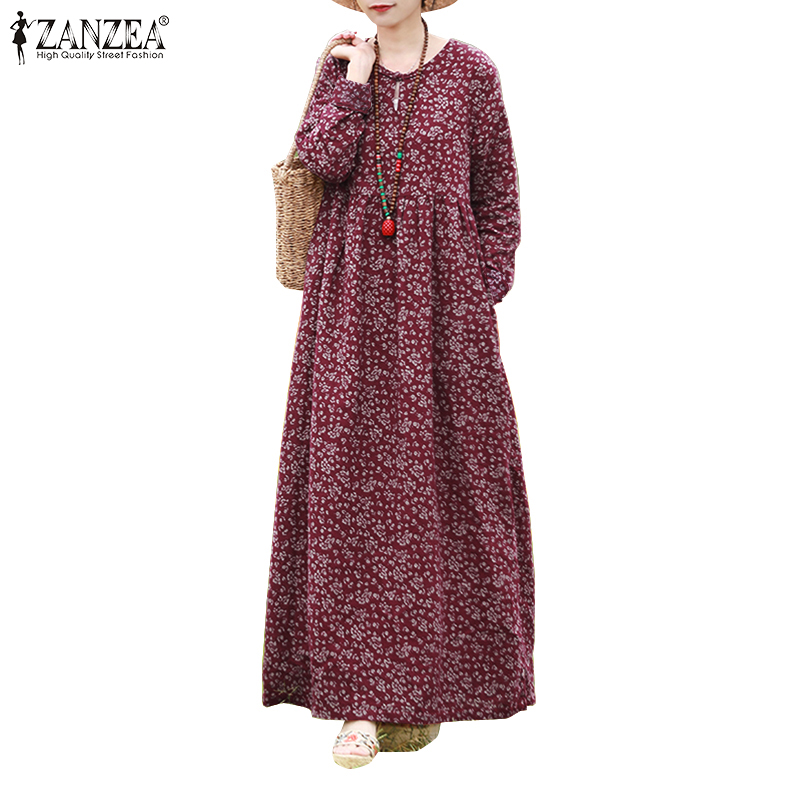 Zanzea Women Long Sleeve Floral Printed Vintage Crew Neck Cotton Maxi