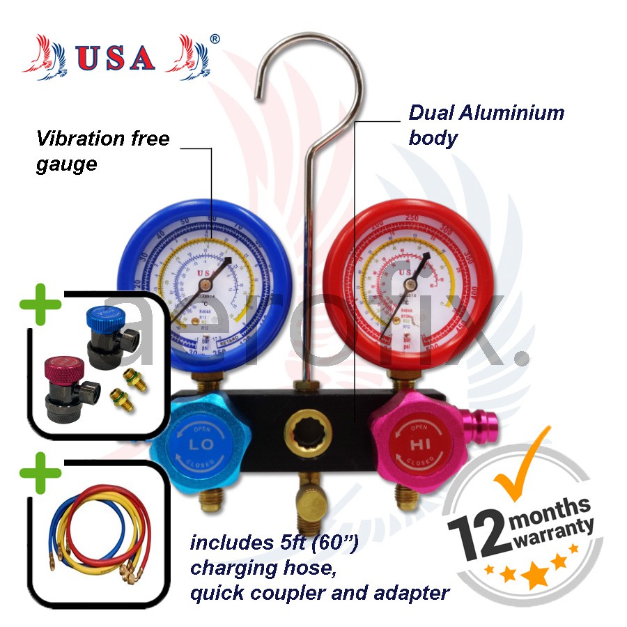 USA Air-Cond Dual Brass USA-1002/Aluminium Manifold Gauge USA-1004 (R12 ...
