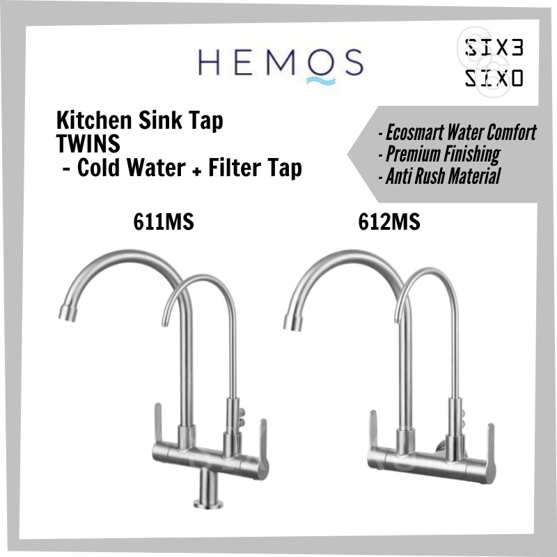 Hemos Cold Water + Filter Tap Twins Double Two Spout Pillar / Wall ...