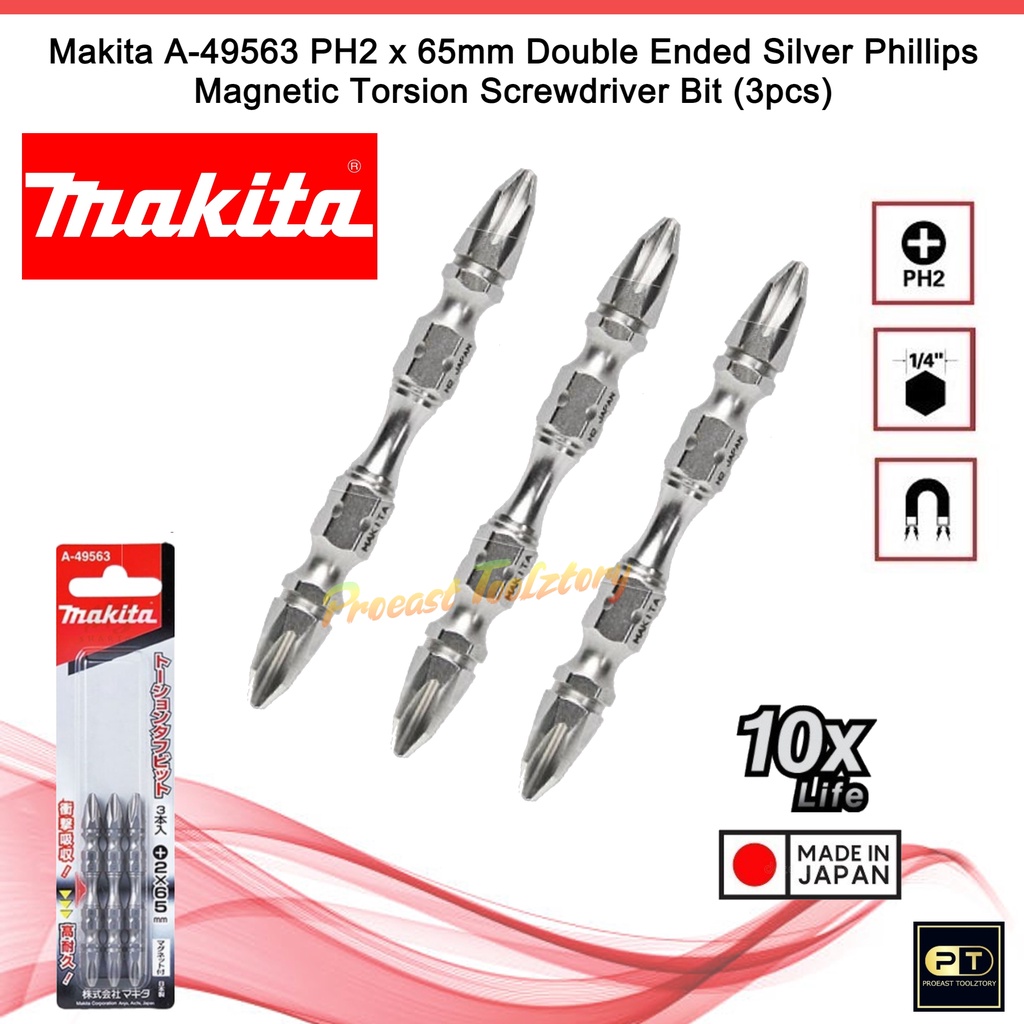 Makita A-49563 PH2 x 65mm Double Ended Silver Phillips Magnetic Torsion ...