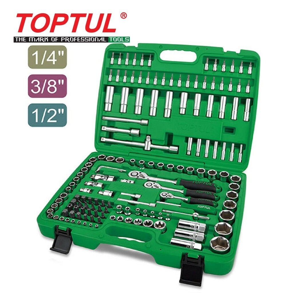 TOPTUL 151PCS Professional Grade 1/4", 3/8" & 1/2" DR. Flank Socket Set ...