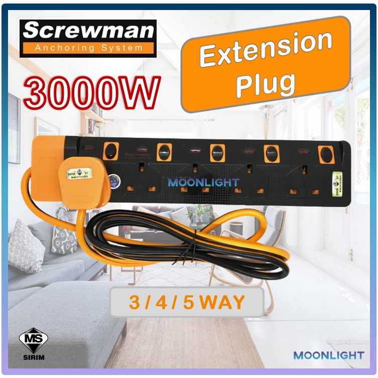 [sirim] 3000w 2m 5m Extension Plug Trailing Socket 3 4 5 Gang Way Wire Cable Extention Heavy