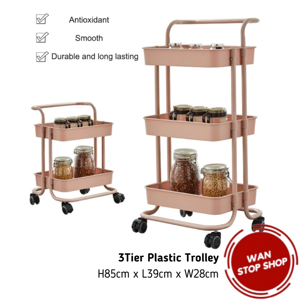 3 Tier Trolley Storage Rack with Handle and Wheels, Troli 3 Tingkat ...