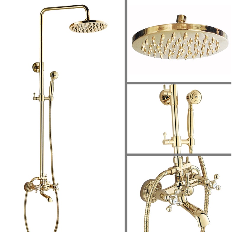 Luxury Gold Color Brass Double Cross Handle Bathroom Rainfall Rain Shower Faucet Set Bath Tub ...