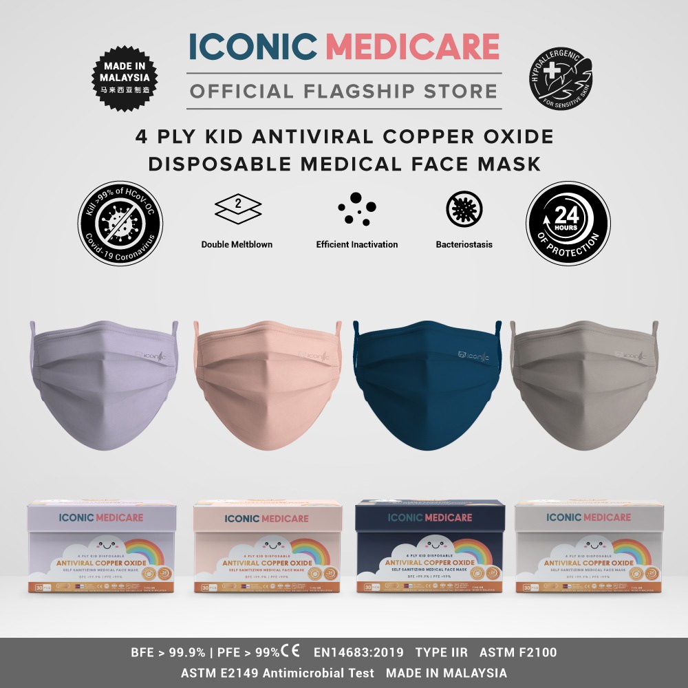 Iconic 4 Ply KID Antiviral Copper Medical Face Mask - Plain (30pcs ...