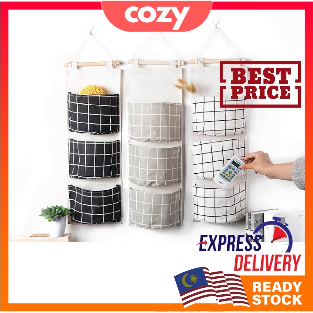 Cotton Linen Wall Hanging Rack 3 Pocket Storage Multifunction Layer ...