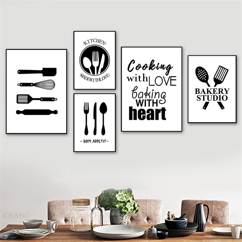 Black And White Kitchen Tableware Poster Picture Cooking With Love ...