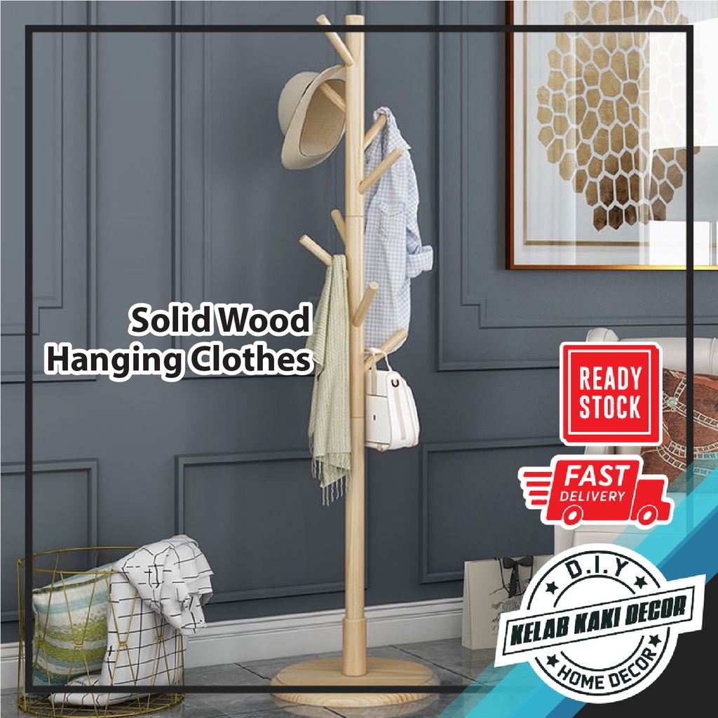 Solid Wooden Hanging Clothes Rak Tiang Standing Cloth Hanger Solid Wood ...