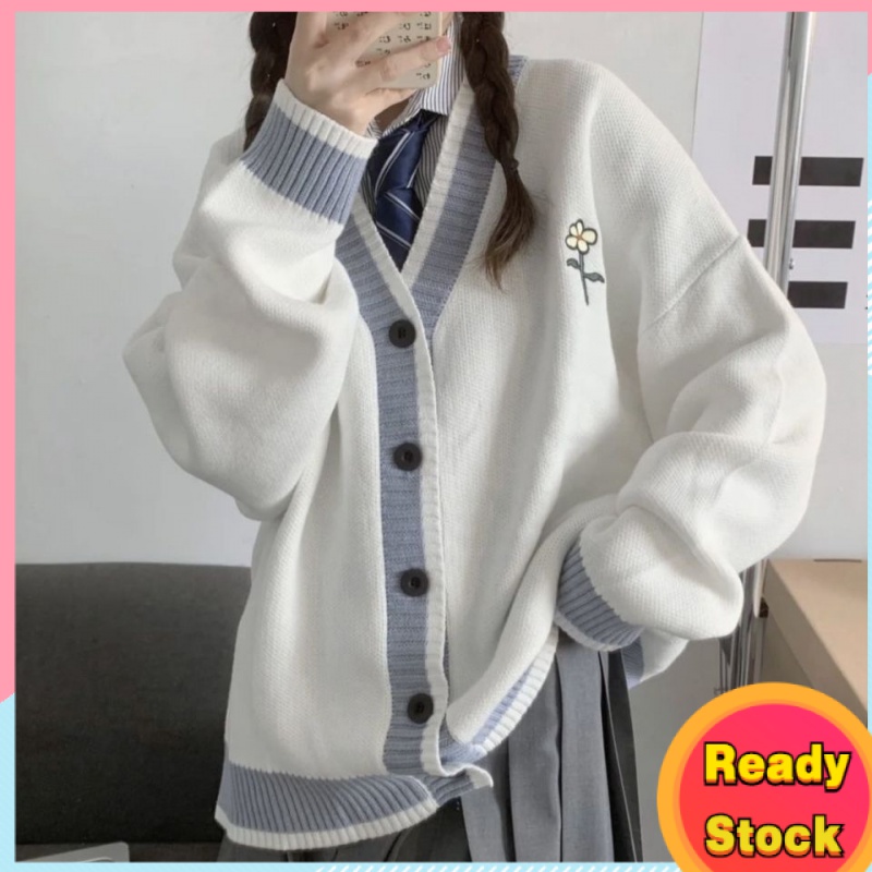 ready stock flower print knitted sweater preppy style v neck cardigan ...