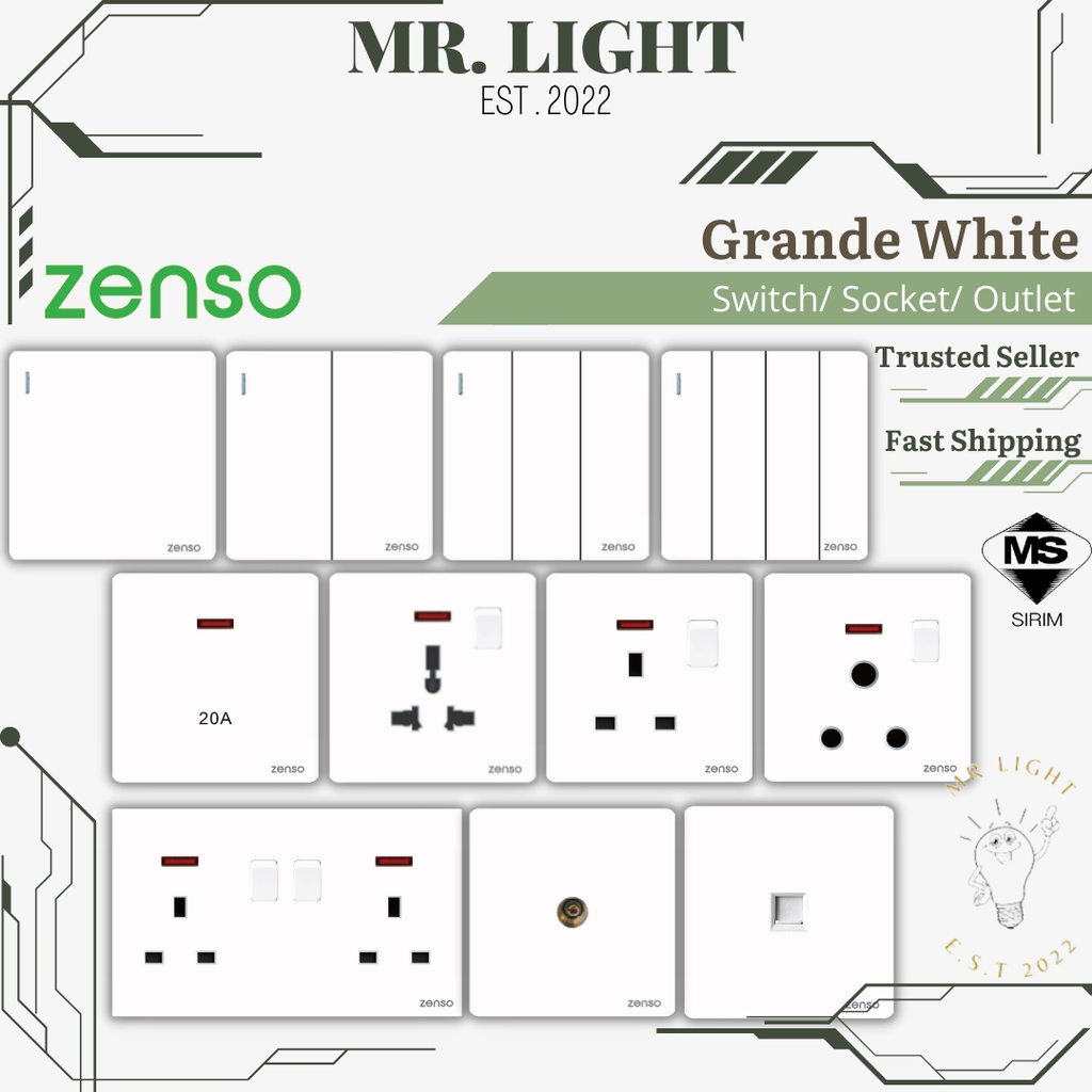 Zenso Grande (WHITE) Switches & Socket Outlet Frameless Design, Modern ...