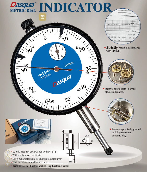 Dasqua Dial Indicator 0-10mm*0.01mm, Lug Back C/W Calibration Cert ...