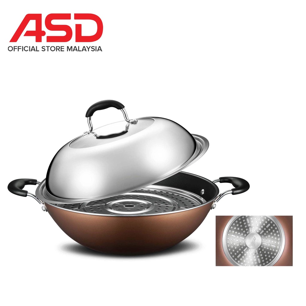 ASD 34cm Induction Non Stick Chef Wok with Steamer Rack / Steamer Wok ...