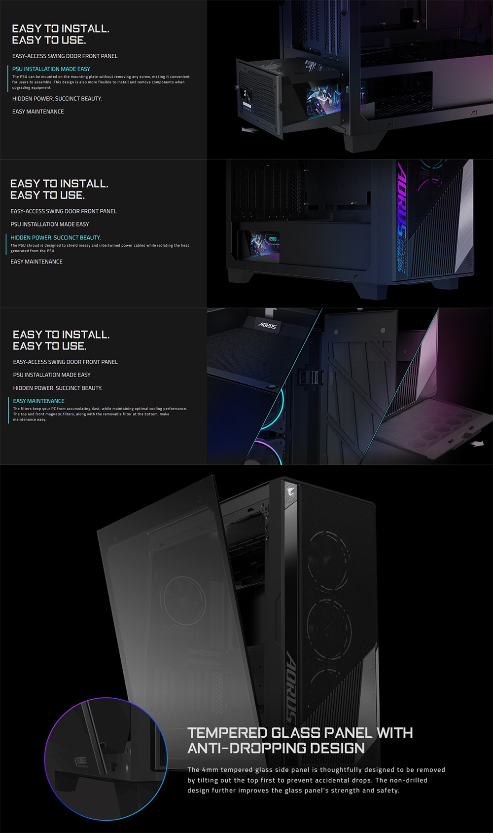 Gigabyte Aorus C500 Glass Mid Tower E-ATX PC Case RGB Desktop Chassis ...