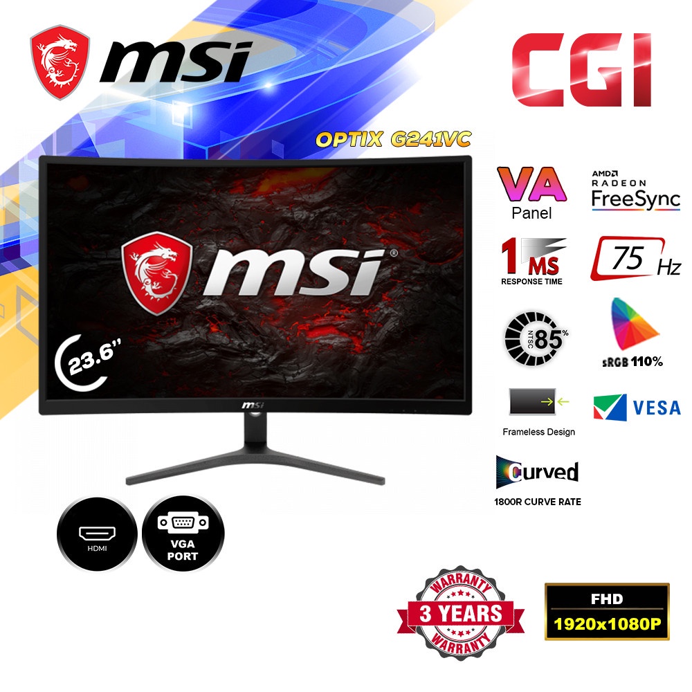 MSI 23.6" Optic G241VC FHD VA AMD FreeSync 75Hz 1ms 1800R Curved Gaming ...