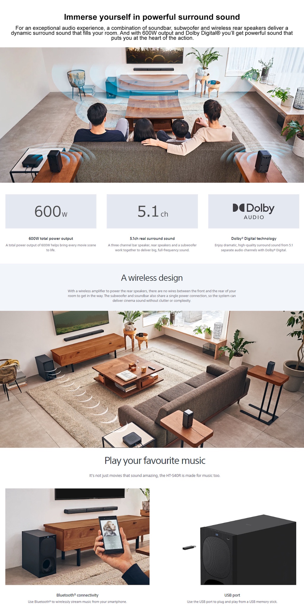 Sony 5.1ch Real Surround Sound Home Cinema Soundbar System HT-S40R ...