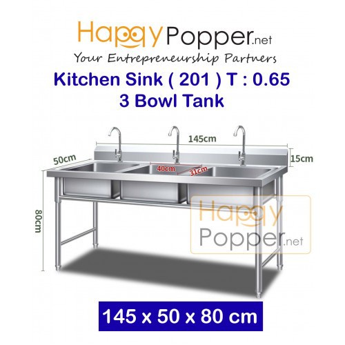 Happypopper Stainless Steel Meja Sinki Kitchen Sink 3 Bowl Tank with ...