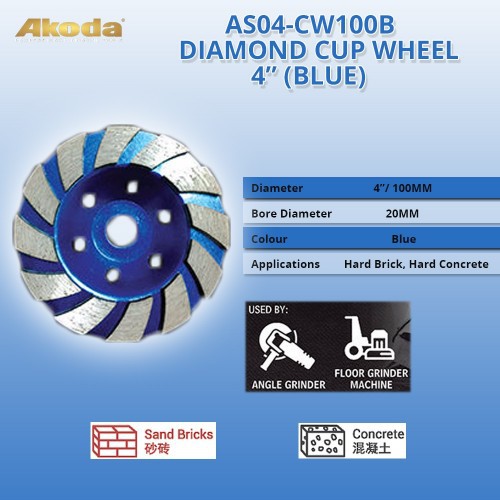 Akoda AS04-CW100B Diamond Cup Wheel 4" 100MM (D) x 20MM (BD) (Blue ...