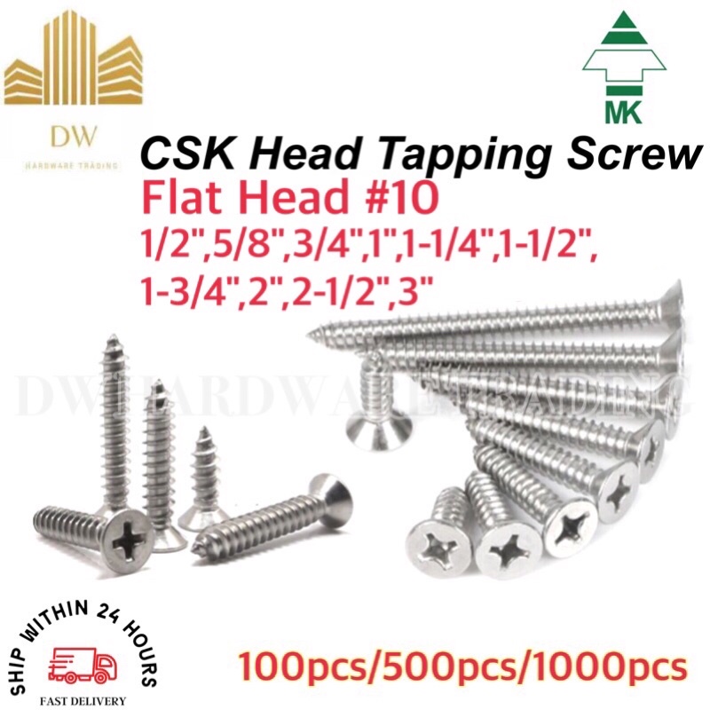 MK #10 CSK Head Tapping Screw / Flat Head (1/2",5/8",3/4",1",1-1/4",1-1 ...