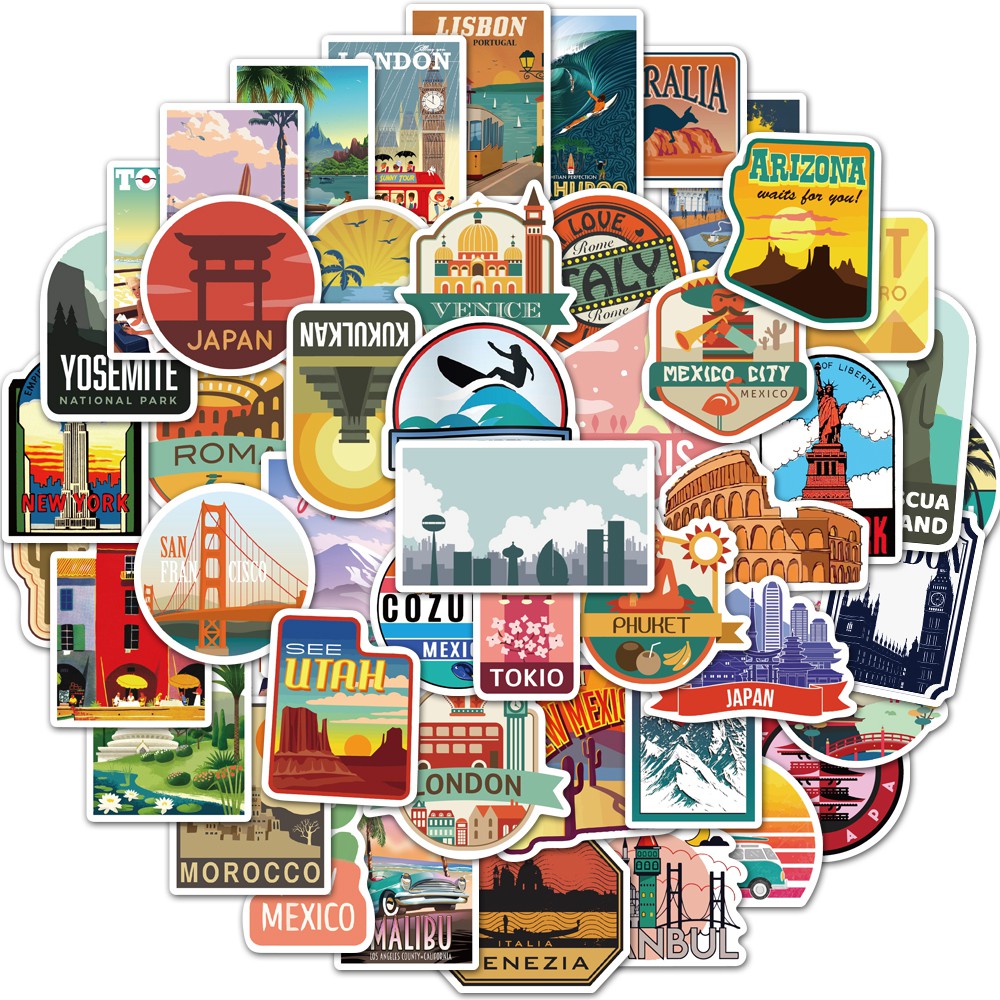 50pcs City Travel Landscape Stickers for DIY Decoration Luggage Bicycle ...