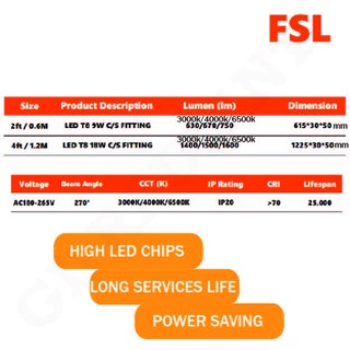 FSL T8 LED GLASS TUBE 18W / 9W 6500K/4000K/3000K DAYLIGHT COOL/WHITE WARM WHITE | Shopee Malaysia