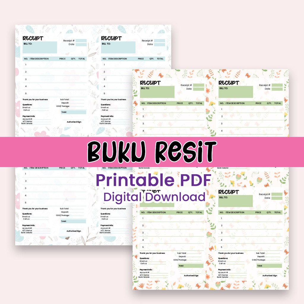 Floral PDF Printable Bill Book | PDF Printable Receipt Book A6 Size ...