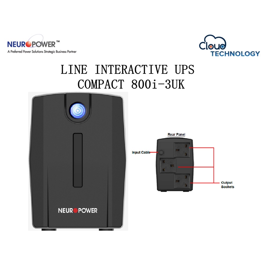 NEUROPOWER COMPACT 800i-3UK 800VA LINE INTERACTIVE AFFORDABLE COMPACT UPS/ POWER SUPPLY/ BACKUP ...