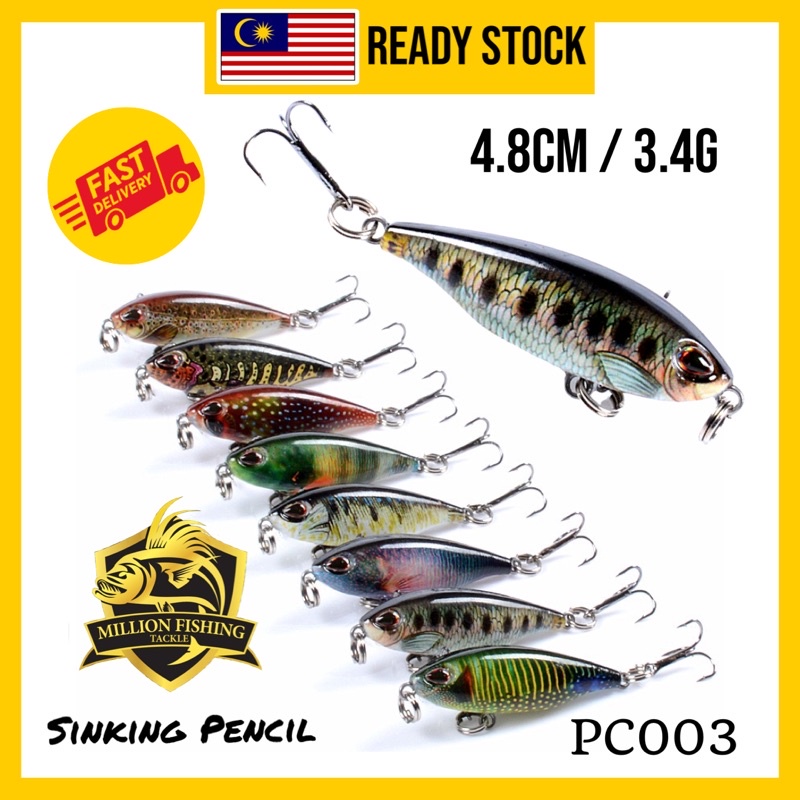 【PC003】3D body Micro Sinking Pencil Lure 4.8cm/3.4g Gewang killer Bulan/Haruan/PB Fishing Lure ...