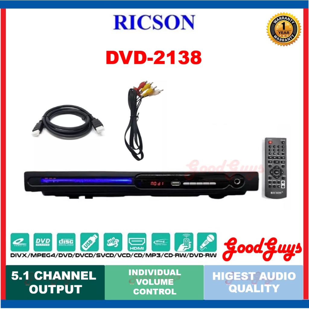 RICSON DVD PLAYER - HDMI DVD-2138 [Free HDMI Cable] With Remote Control ...