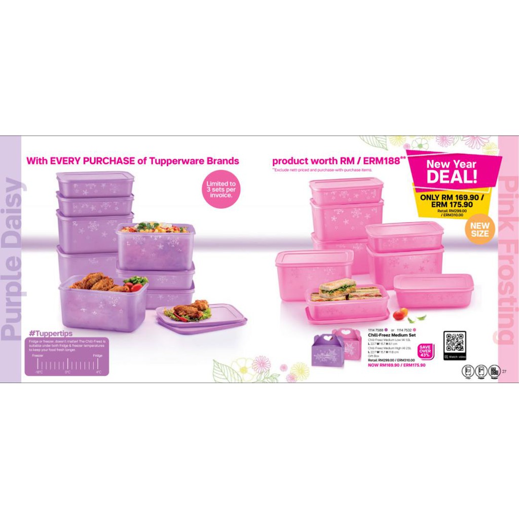 Tupperware ( 8pcs with Giftbox) Chill-Freez Medium Set Pink or Purple ...