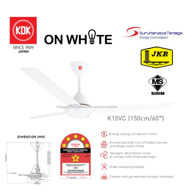 KDK K15VC 60” Project Standard Ceiling Fan / Kipas Siling Projek (White ...