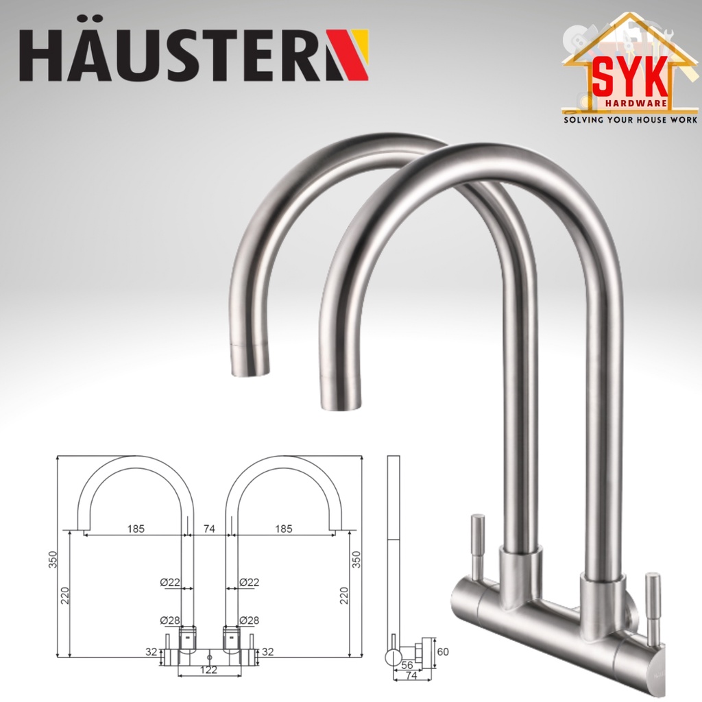 SYK RUBINE HAUSTERN HT-STIQ-502/UW-SS Double Spout Wall Sink Tap ...