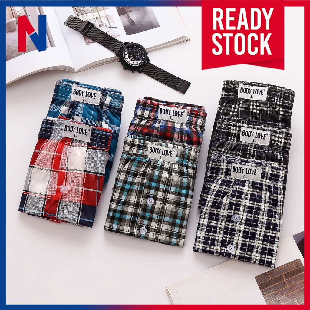 (L–2XL) BODY LOVE Checked Polyester Boxer Men Underwear | Boxer Lelaki ...