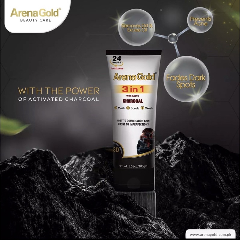 Arena Gold 3 in 1 Mask Scrub Facewash with active charcoal 💯 Original ...