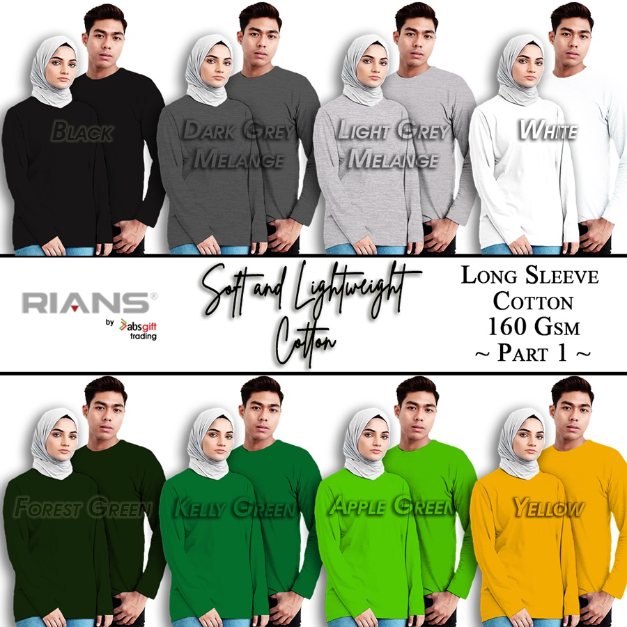 RIANS LONG SLEEVE TSHIRT 160 GSM ROUND NECK MEN WOMAN BLACK GREY WHITE ...