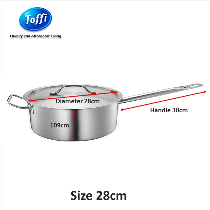 TOFFI 3 Layers Tri-ply Shallow Saucepan Stainless Steel With Lid & Ear ...