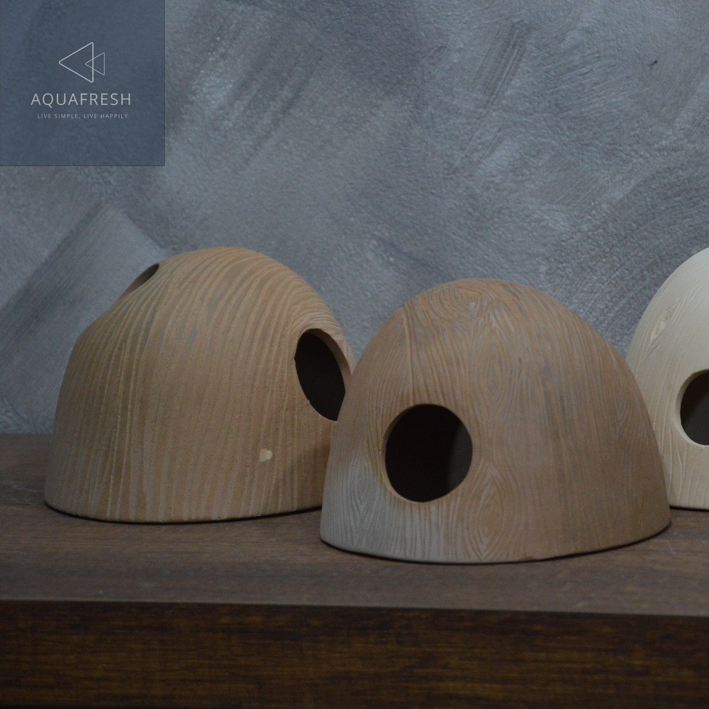 Fish Hideout/House Ceramic Shell Shape 2 Holes Wood Pattern (Coconut ...