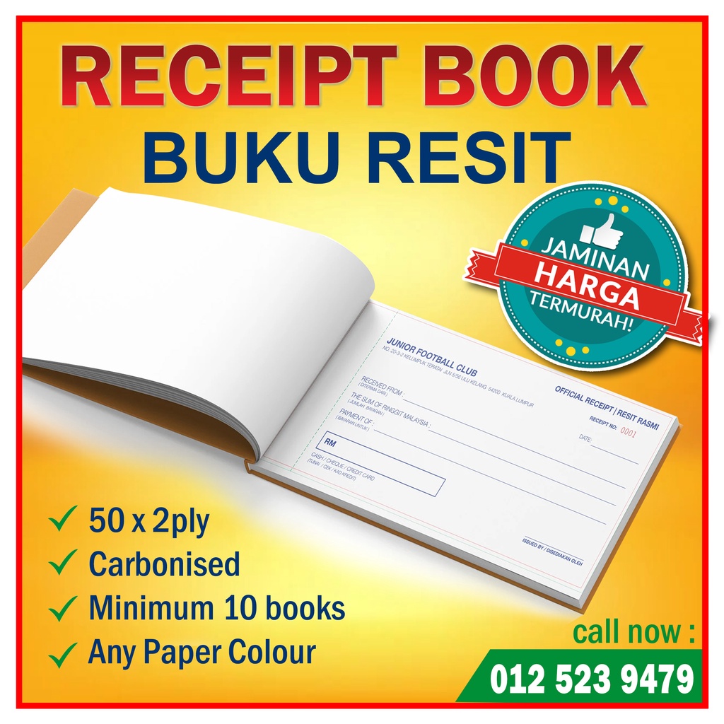 Printing 2 ply NCR Receipt Book/ Buku Resit / Buku Resit Rasmi 200x110mm Bill Book / Voucher ...