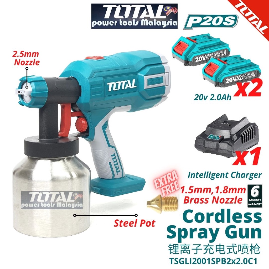 TOTAL Cordless P20s Series 20v Li-ion Spray Gun + Nozzle Size 2.5mm ...