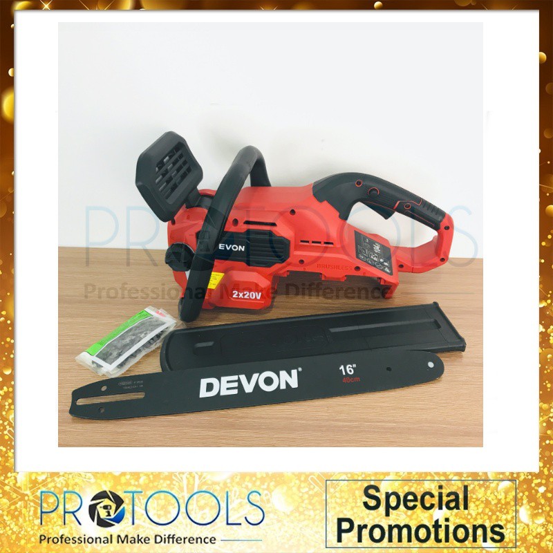 DEVON HEAVY DUTY BRUSHLESS CORDLESS 20V X2 CHAINSAW WITH 16INCH PAPAN ...
